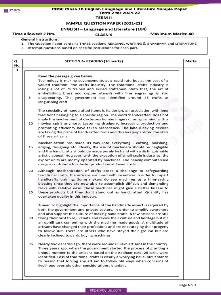 Class 10 English Sample Paper 2021-22 | PDF | Waste Management | Pollution