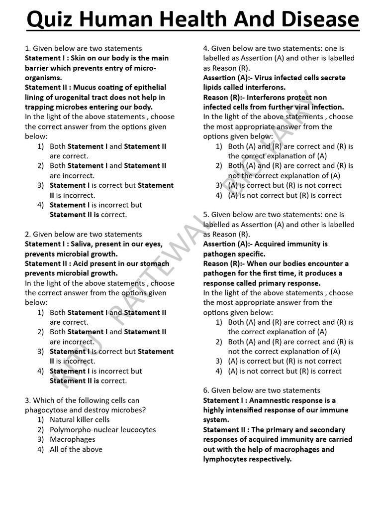 Human Health and Disease Quiz | PDF | Lymphatic System | Allergy