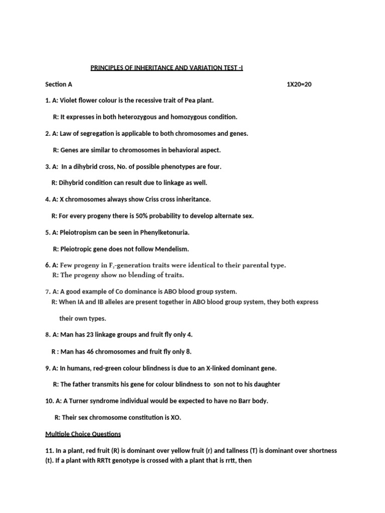Inheritance and Variation Test Questions | PDF | Dominance (Genetics ...