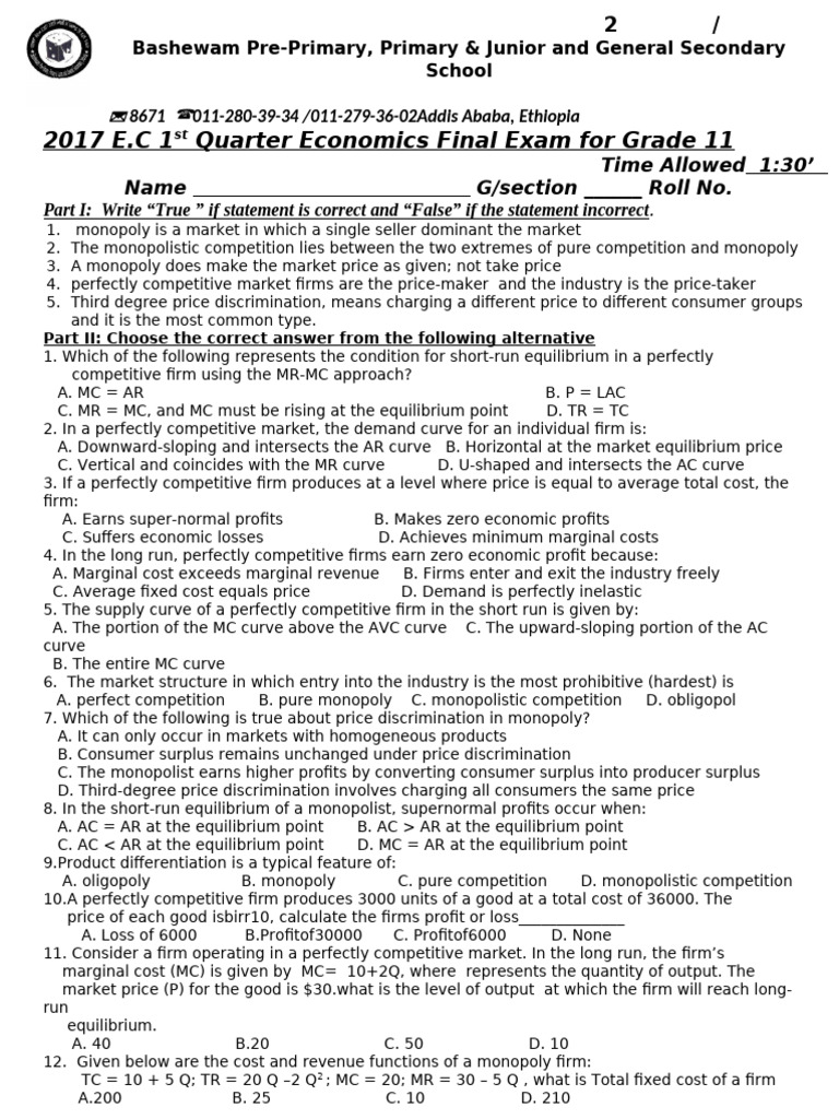 1st quarter economics final exam for grade 11 (1) | PDF | Monopoly ...