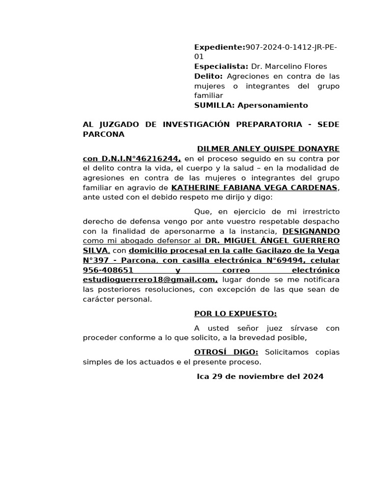 Apersonamiento DILMER ANLEY QUISPE DONAYRE | PDF