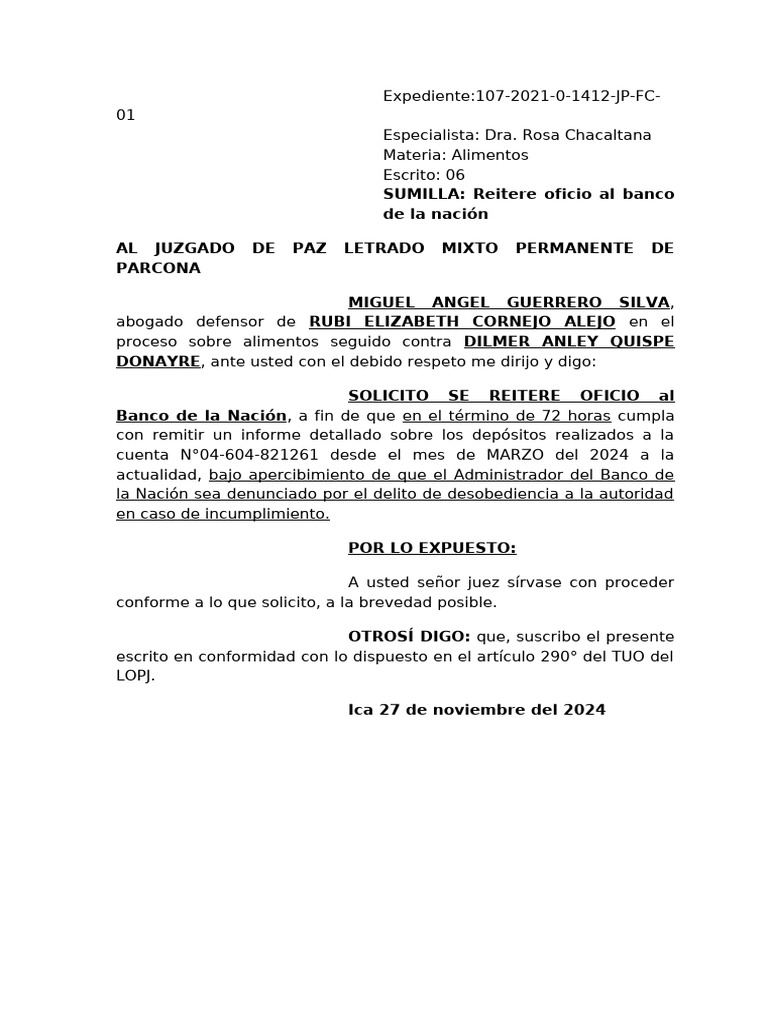 Se Reitere Oficio Rubi Elizabeth Cornejo Alejo | PDF