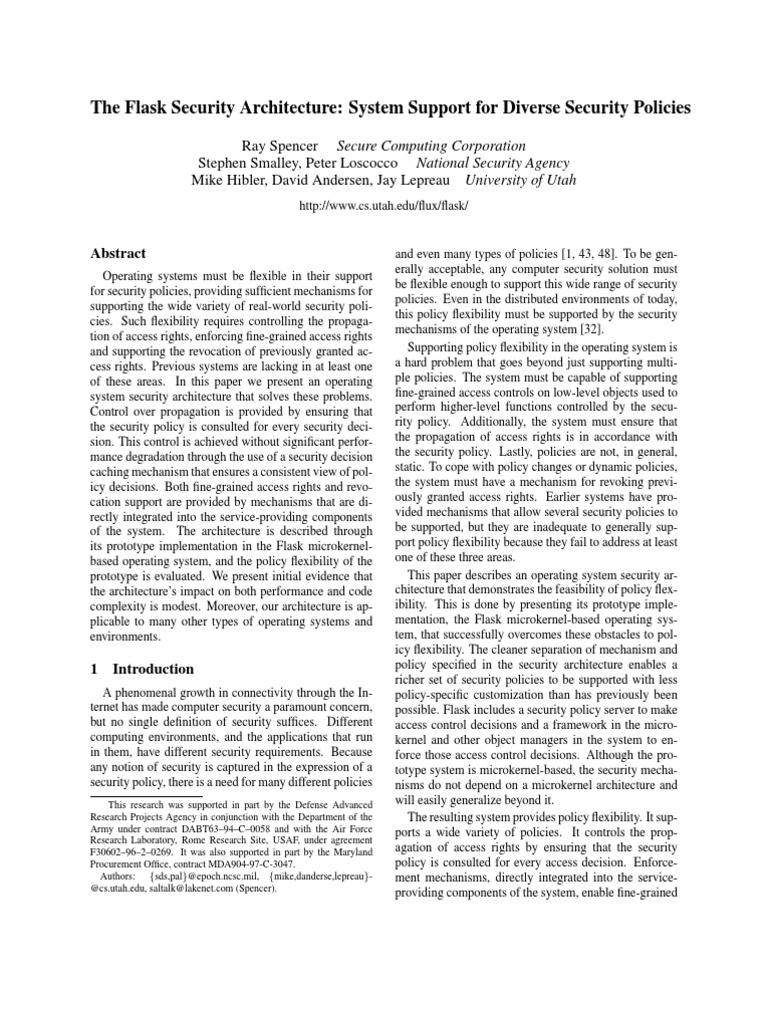 The Flask Security Architecture: System Support For Diverse Security Policies | PDF | Kernel ...