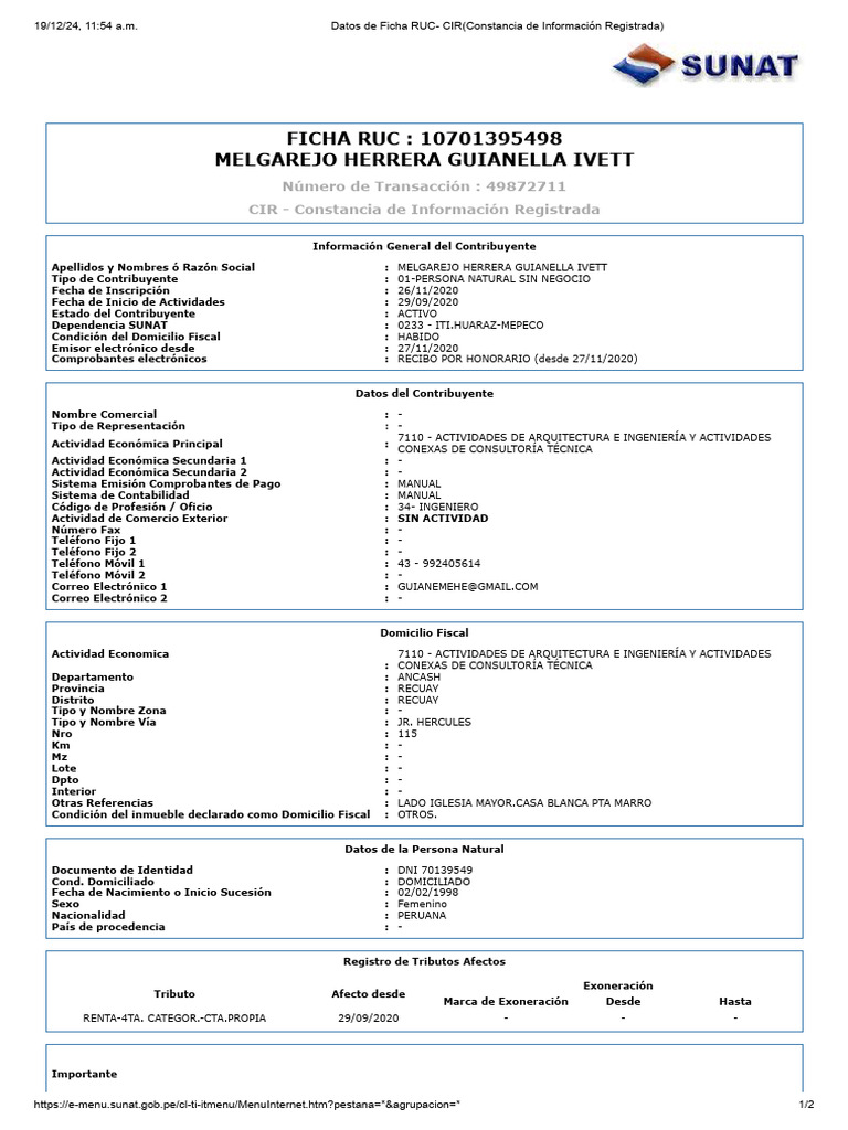 Ficha Ruc | PDF | Documento de identidad