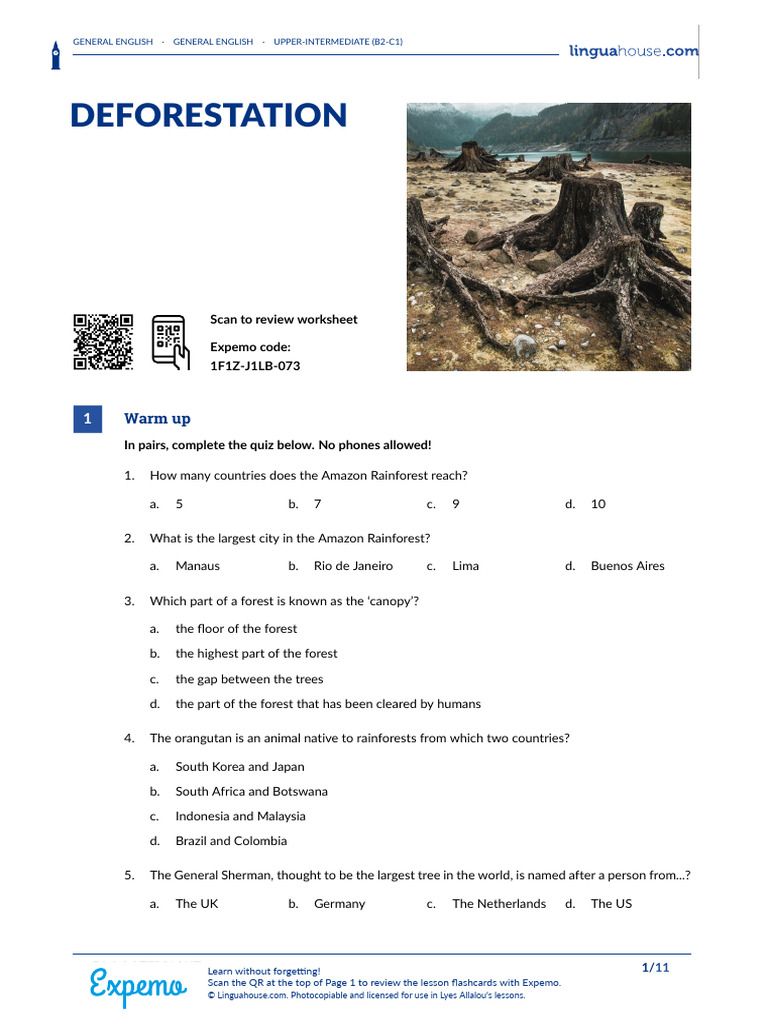 Deforestation: Upper-Intermediate English Worksheet | PDF | Forests ...