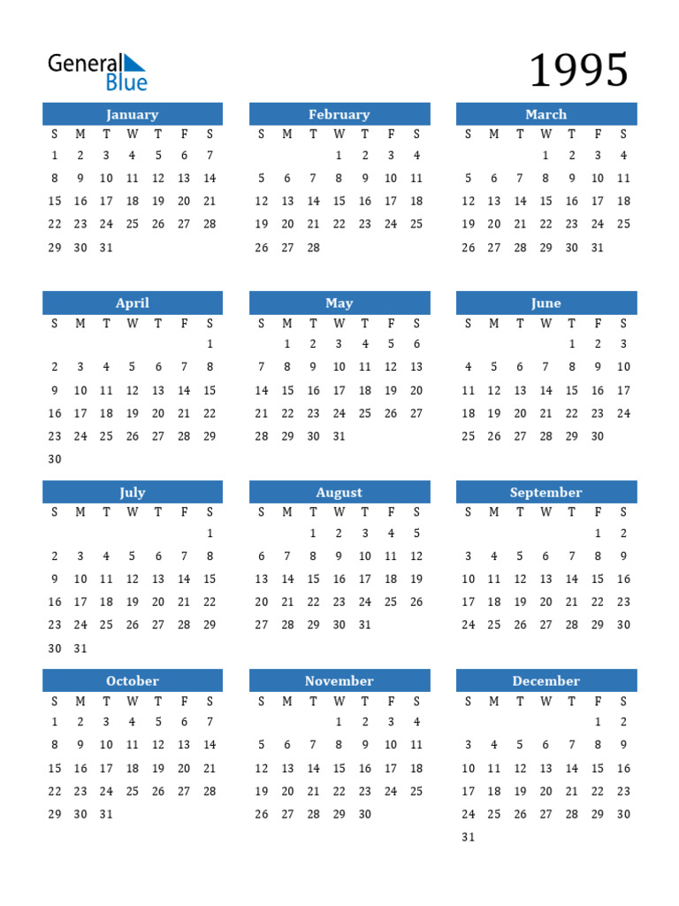 1995 Calendar Portrait Sunday Start | PDF