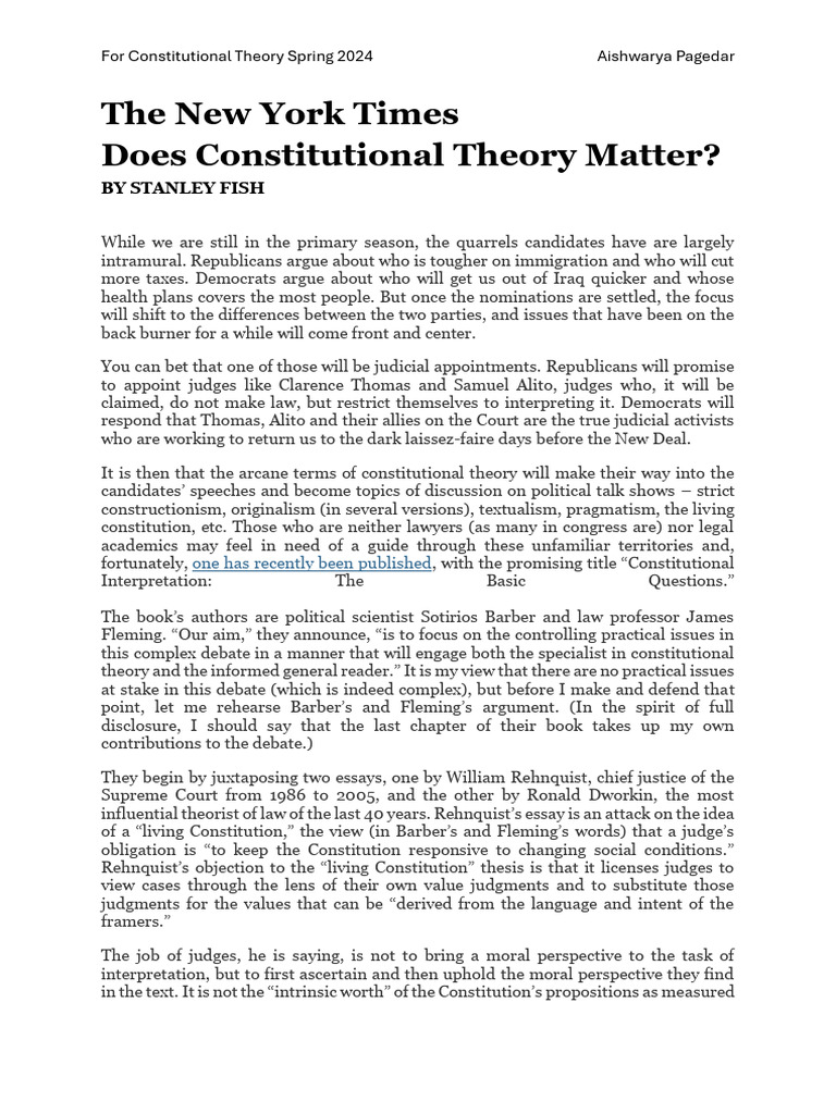 Stanley Fish, Does Consti Theory Matter | PDF | Jurisprudence | Positivism