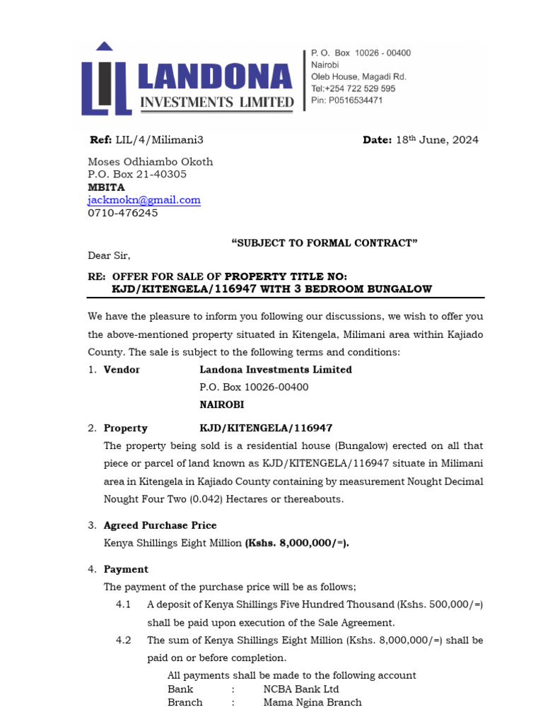 Offer Letter - Kitengela Bungalow Milimani.116947.MosesOkoth | PDF ...