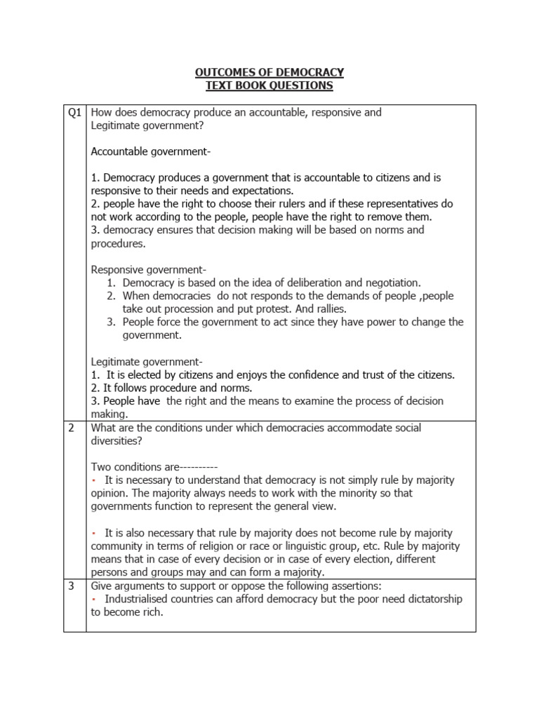 Outcomes of Democracy Text Book Questions | PDF | Democracy | Political ...
