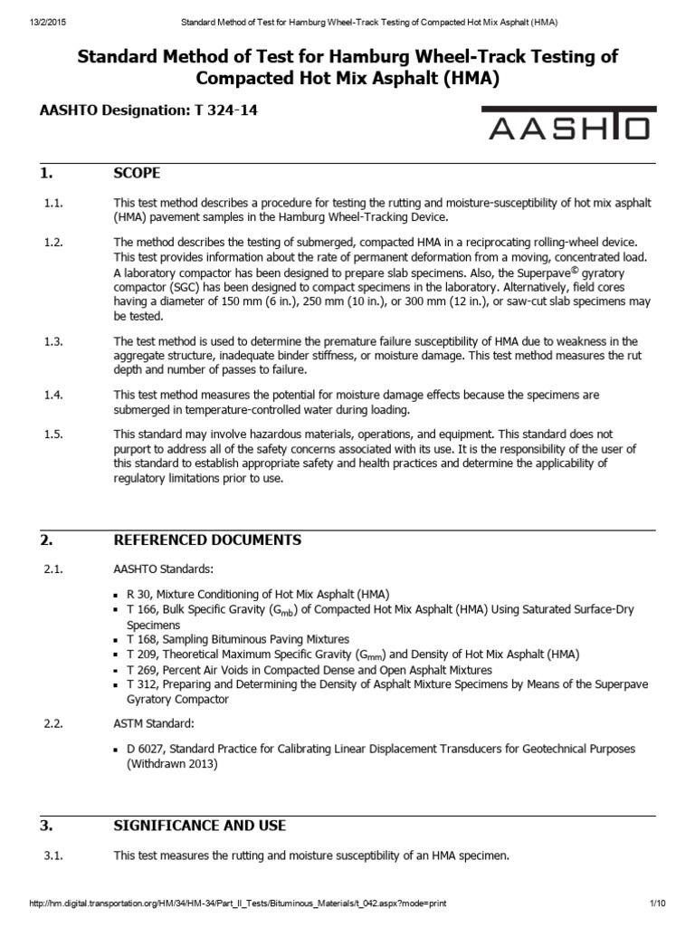 AASHTO T324-14 Standard Method of Test For Hamburg Wheel-Track Testing ...