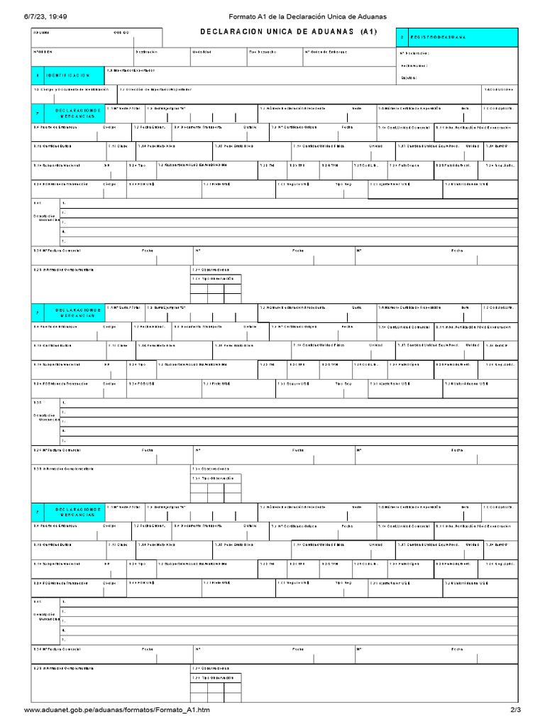 Formato A1 de la Declaración Unica de Aduanas | PDF