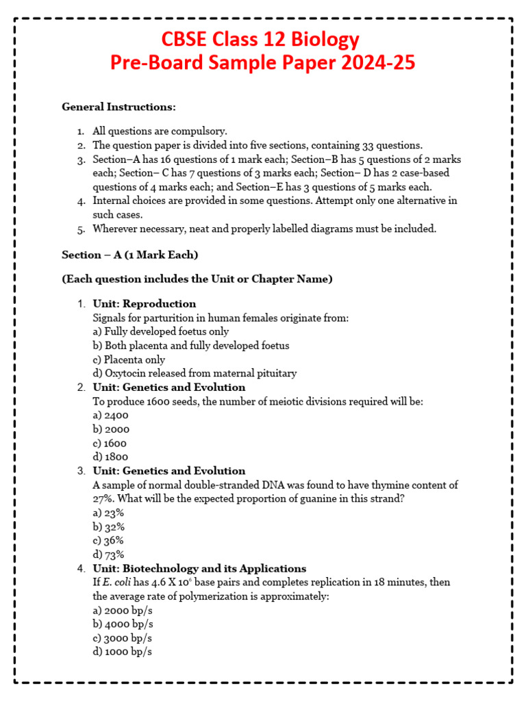 Biology Sample Paper Class12 | PDF | Operon | Genetics