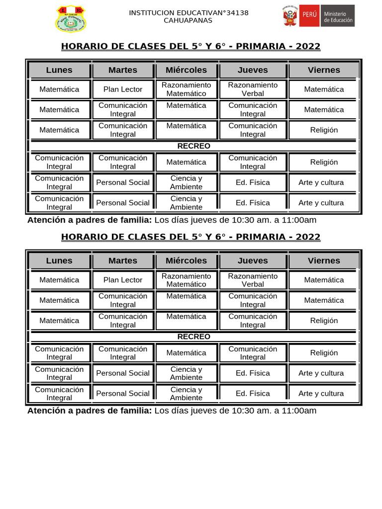 Horario Clases 5° y 6° Primaria 2022 | PDF | Science | Observación