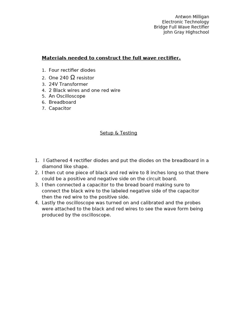 Bridge Full Wave Recitifier CXC Lab Completed | PDF | Rectifier ...