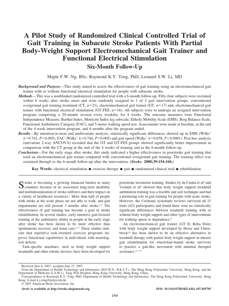 A Pilot Study of Randomized Clinical Controlled Trial of gait training in subacute stroke ...
