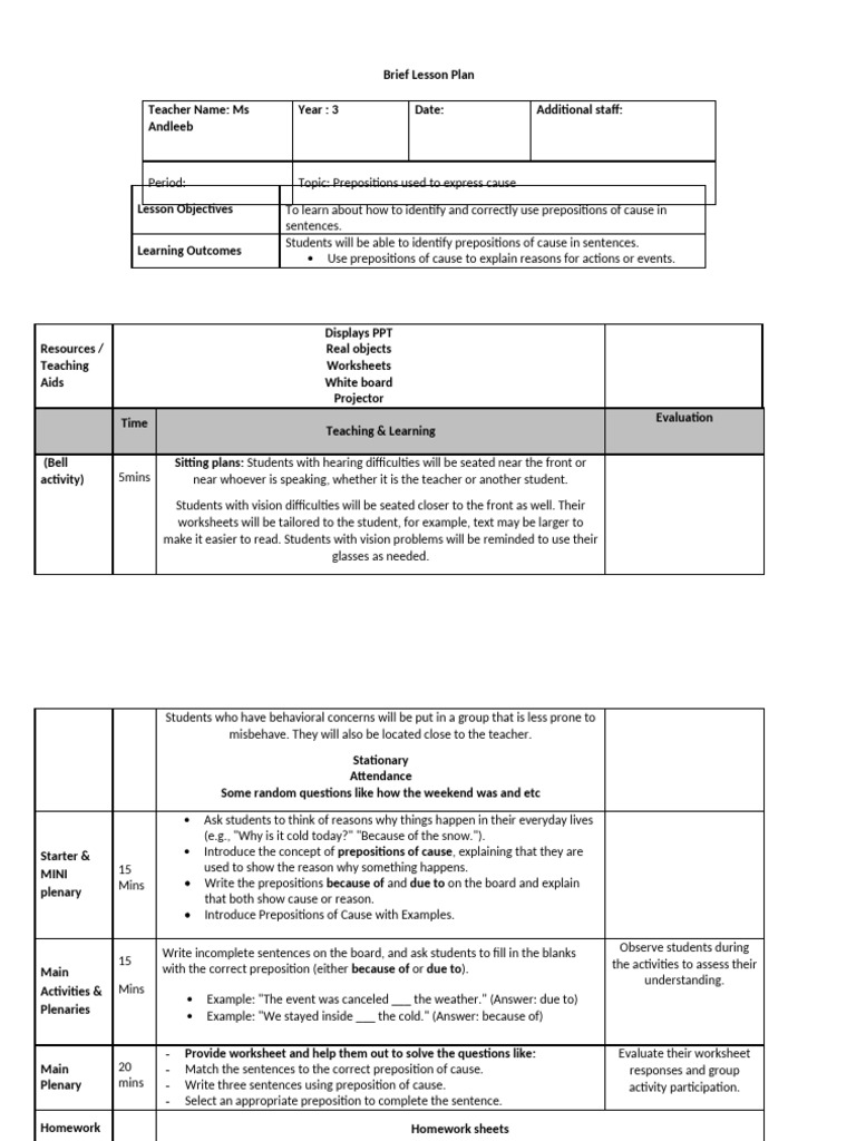Lesson Plan-2 - Preposition Used To Express Cause | PDF | Teachers ...