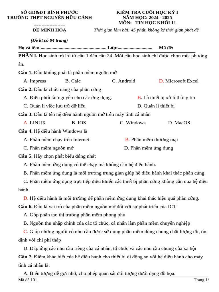 đề minh họa Tin 11_GKI_2 | PDF
