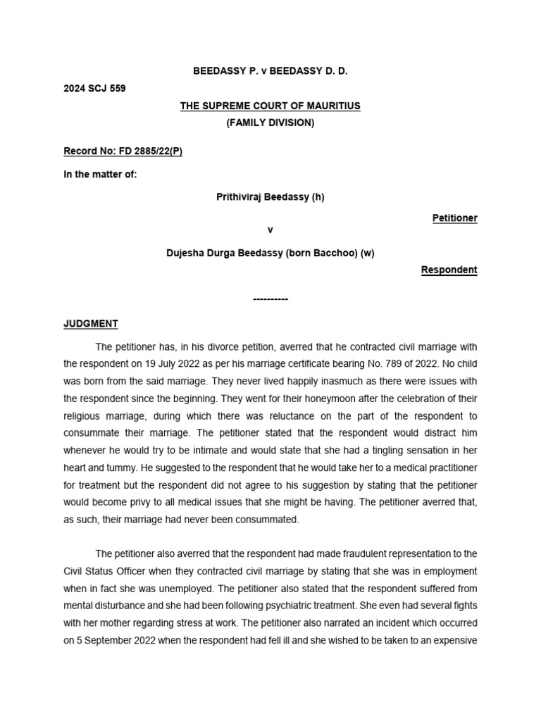 Beedassy P V Beedassy D D 2024 SCJ 559 | PDF | Marriage | Social ...