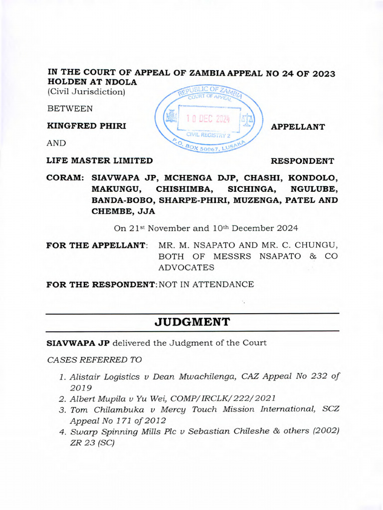Kingfred Phiri Vs Life Master Limited | PDF | Employment | Judgment (Law)