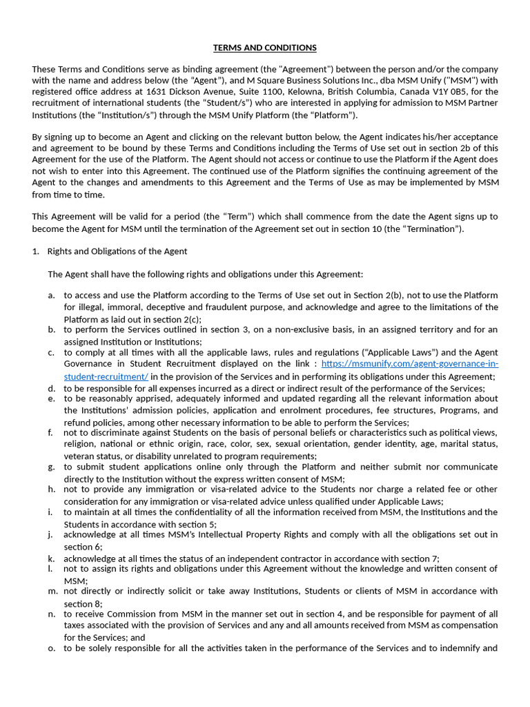 MSM Unify - MSBS Agency Agreement | PDF | Indemnity | Legal Liability