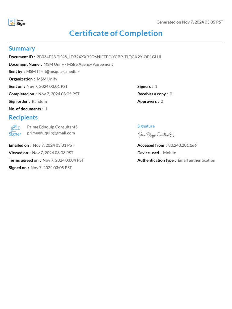 Completion Certificate-MSM Unify - MSBS Agency Agreement | PDF ...