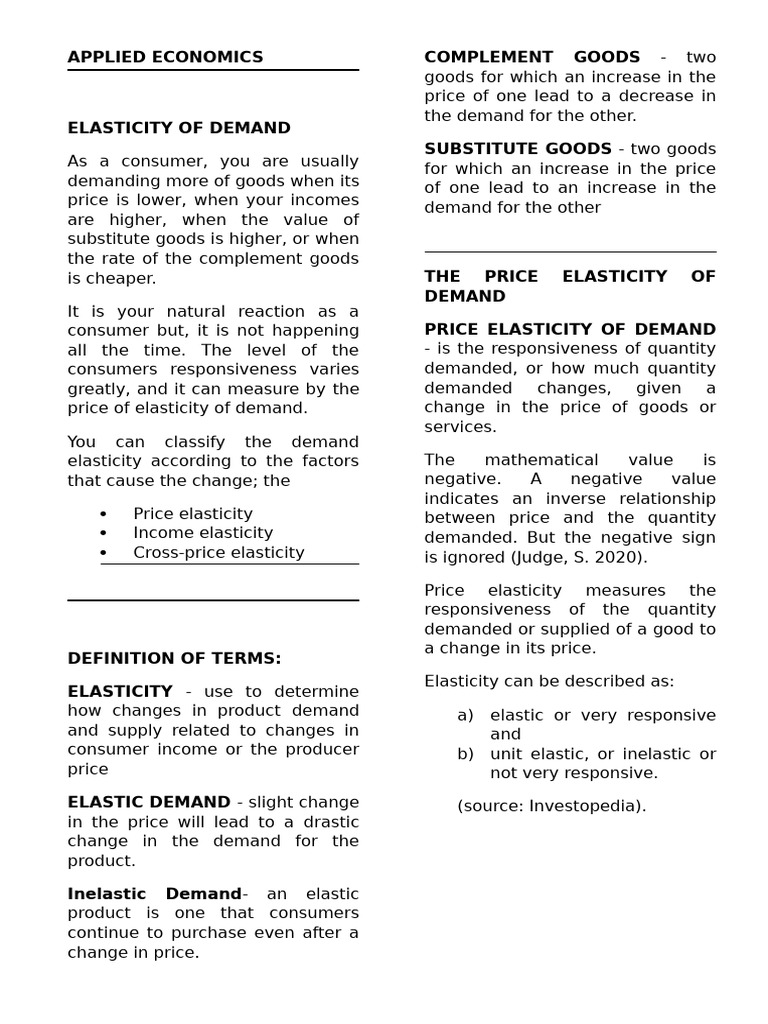 APPLIED ECONOMICS notes | PDF | Elasticity (Economics) | Demand