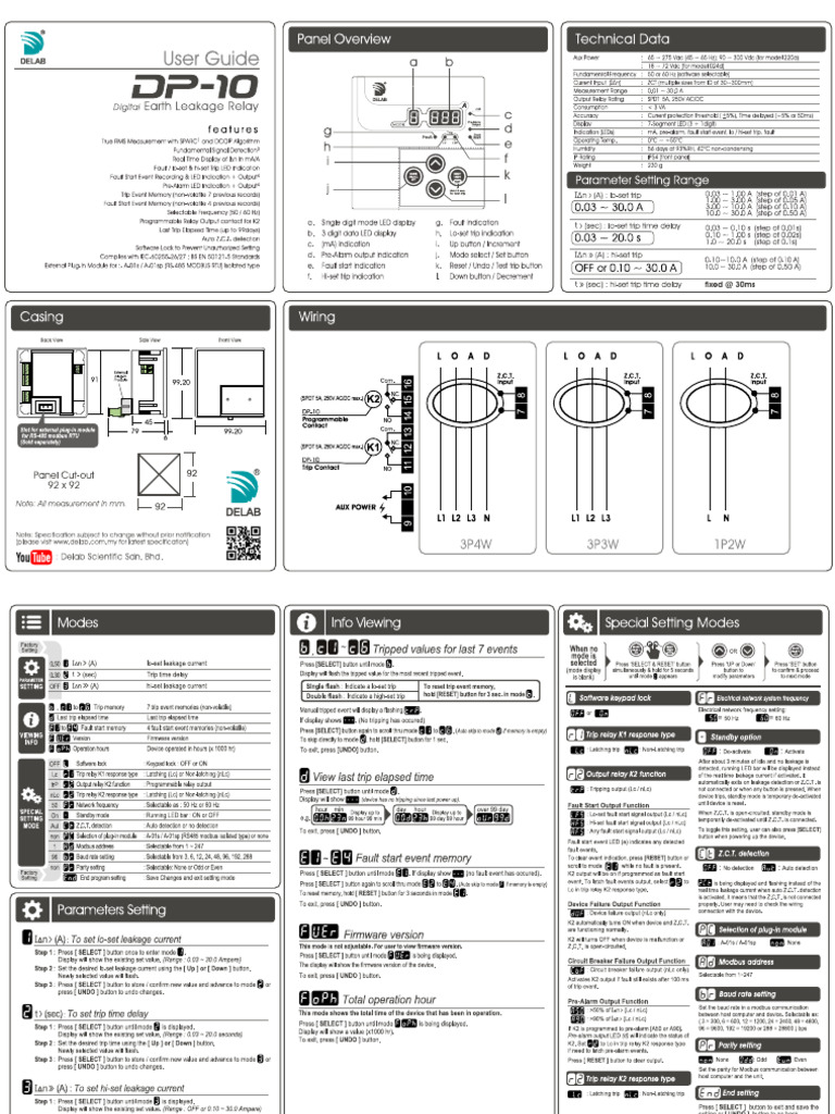DELAB Digital Earth Leakage Relay DP 10 User Guide | PDF