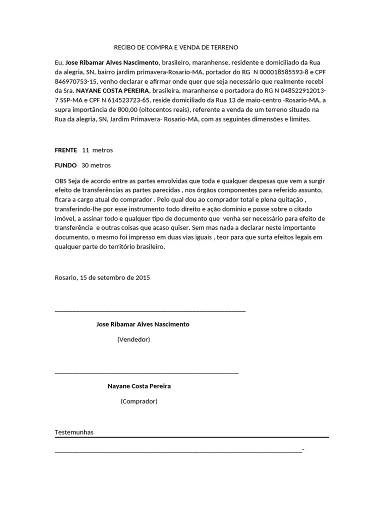 Recibo de Compra e Venda de Terreno | PDF