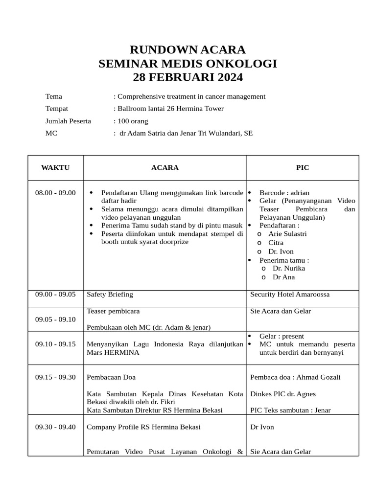 RUNDOWN ACARA Seminar onkologi 28 feb 2024doc | PDF