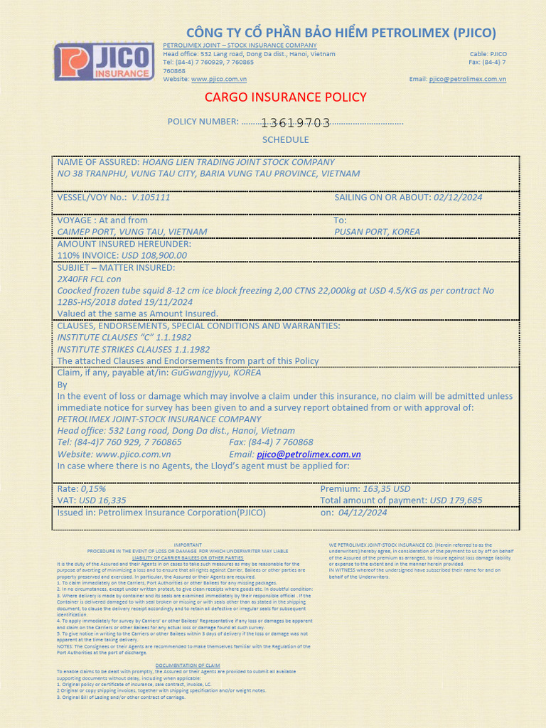 PJICO Cargo Insurance Policy Details | PDF | Insurance | Bill Of Lading