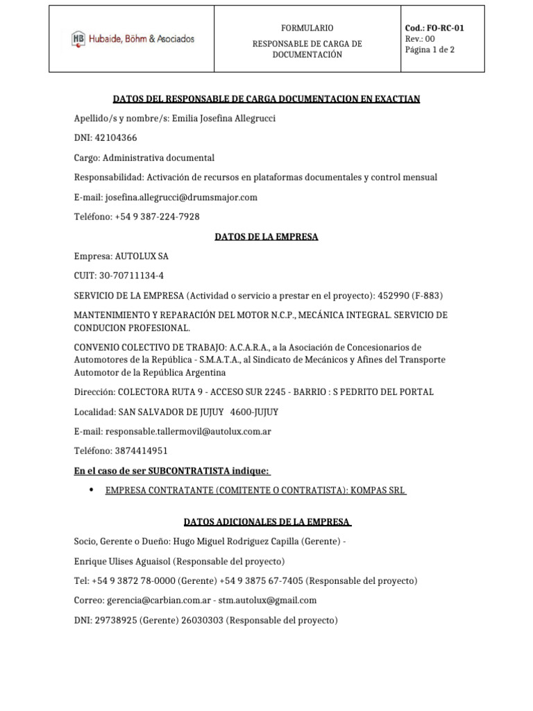 FO-RC-O1 Formulario Responsable de Carga AUTOLUX - srl-POSCO | PDF