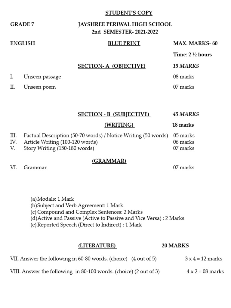 Grade 7 English Exam Blueprint 2021-22 | PDF