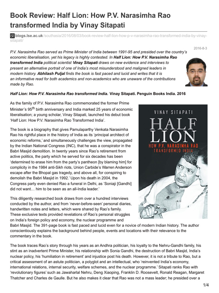 Blogs.lse.Ac.uk-book Review Half Lion How PV Narasimha Rao Transformed India by Vinay Sitapati ...