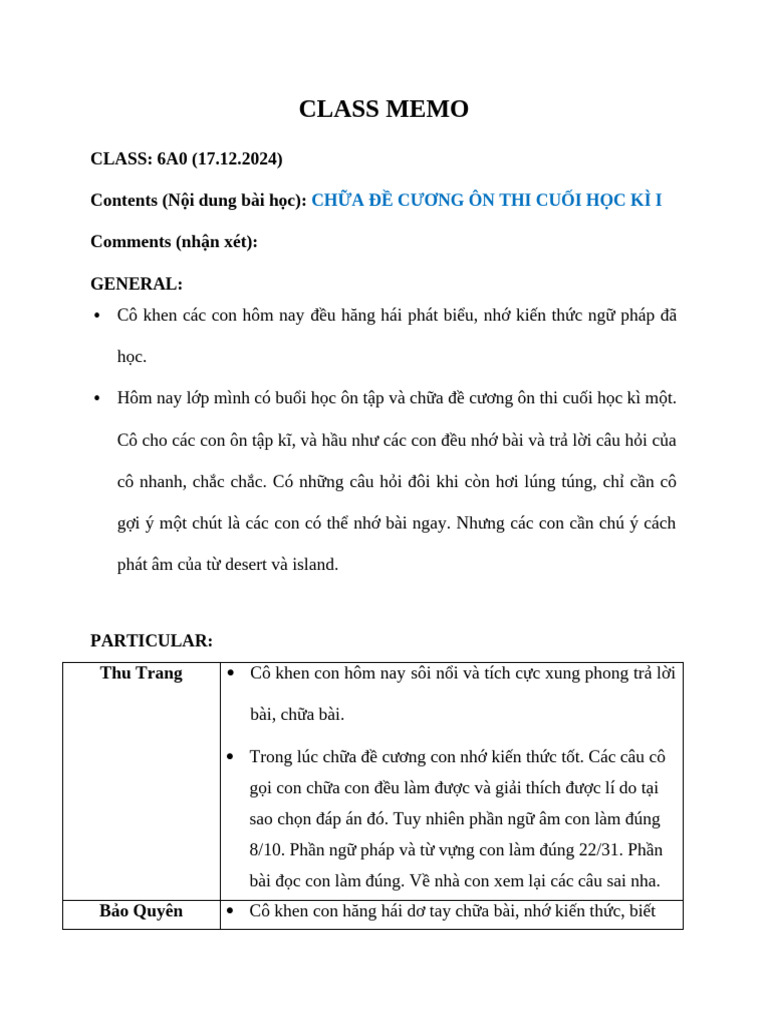 CLASS MEMO 6A0 (17.12.2024) | PDF