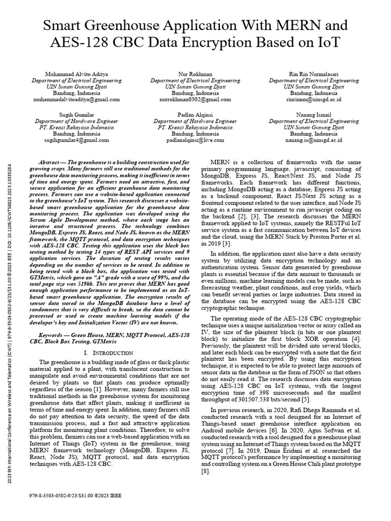 Smart Greenhouse Application With MERN and AES-128 CBC Data Encryption Based On IoT | PDF ...