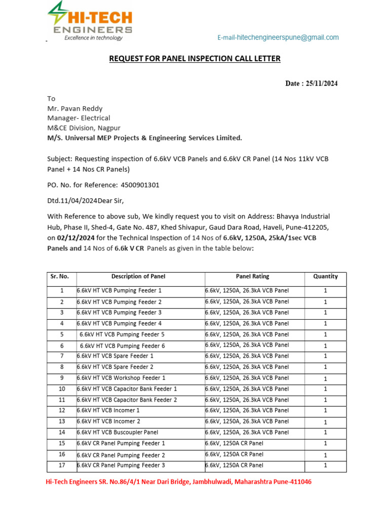 Inspection Call Request - Universal MEP & WCL Project 6.6kV Panels ...