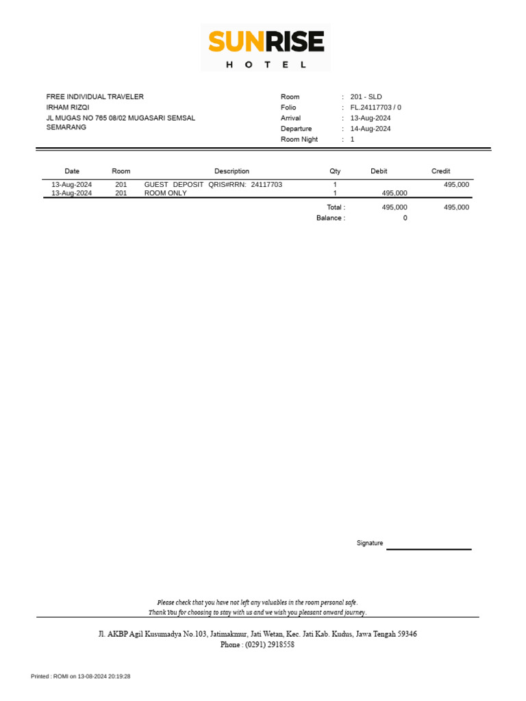 Invoice Sunrise Hotel 13 AUG 24 | PDF