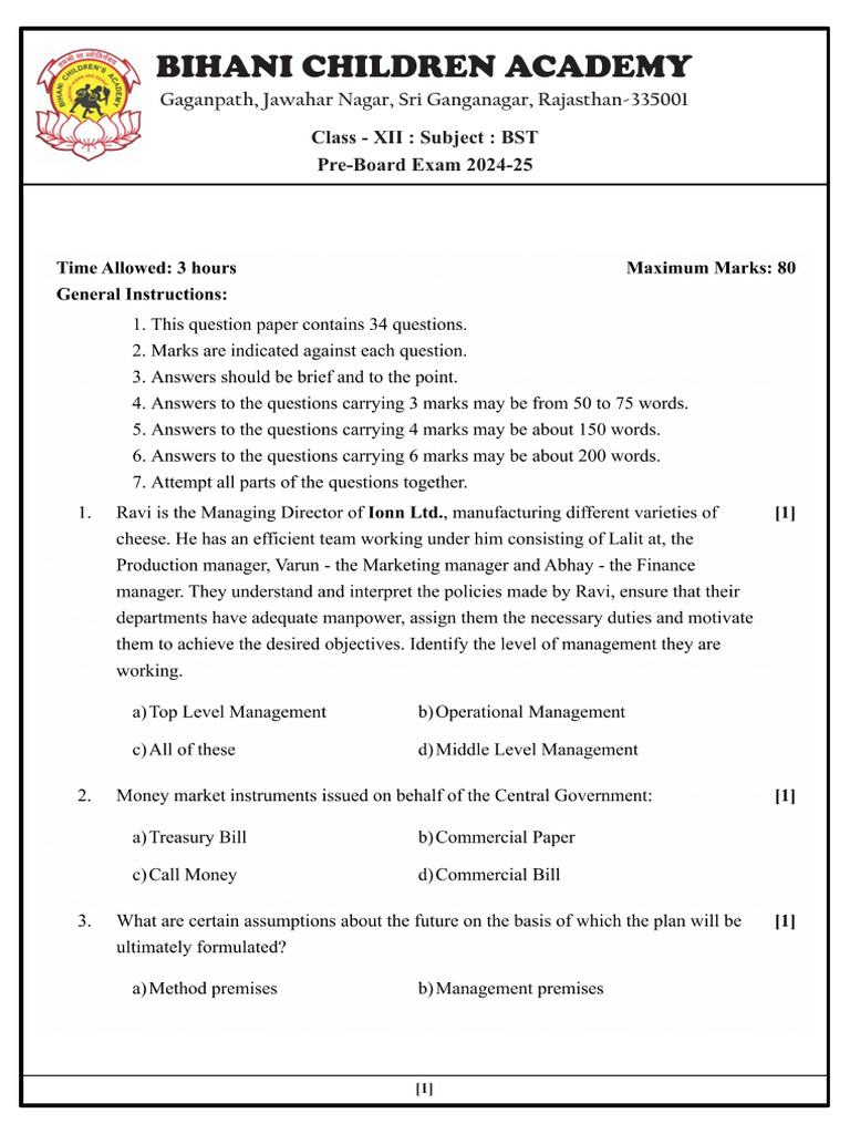 Class - 12 BST Pre Board Exam Bihani Ques | PDF