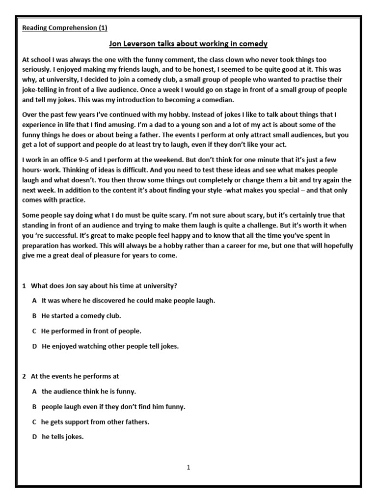 B2 Revision - Reading - Comprehension + Close Cloze | PDF | Jokes