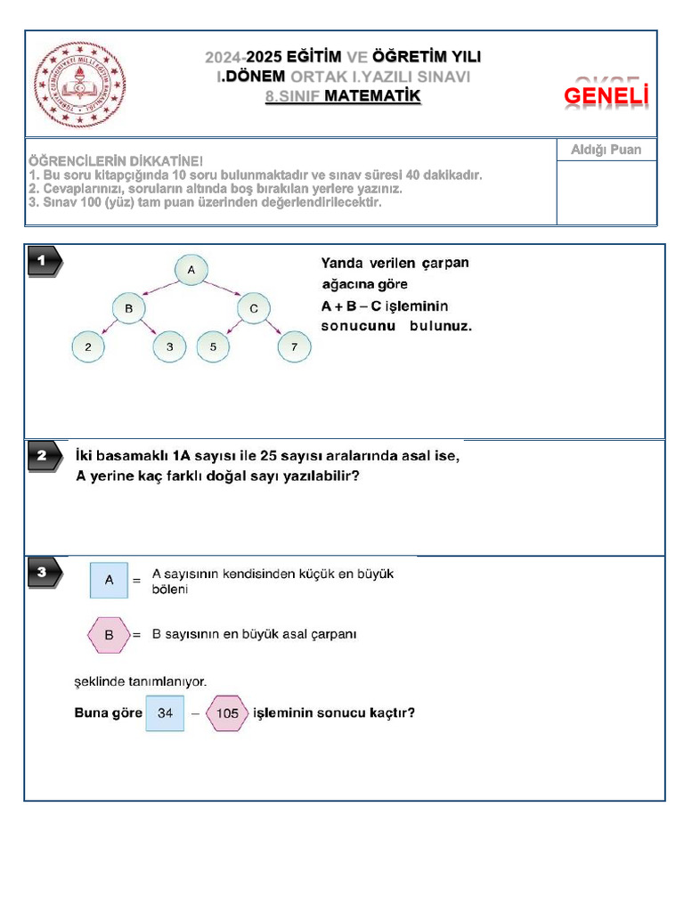 8mat 1don1ortaksinav Deneme 1 Ogrenci | PDF
