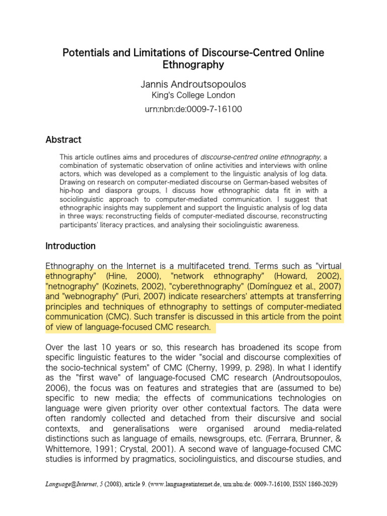 Discourse-Centered Online Ethnography | PDF