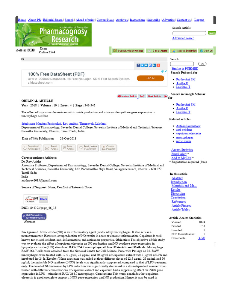 The Effect of Capsicum Oleoresin on Nitric Oxide Production and Nitric Oxide Synthase Gene ...