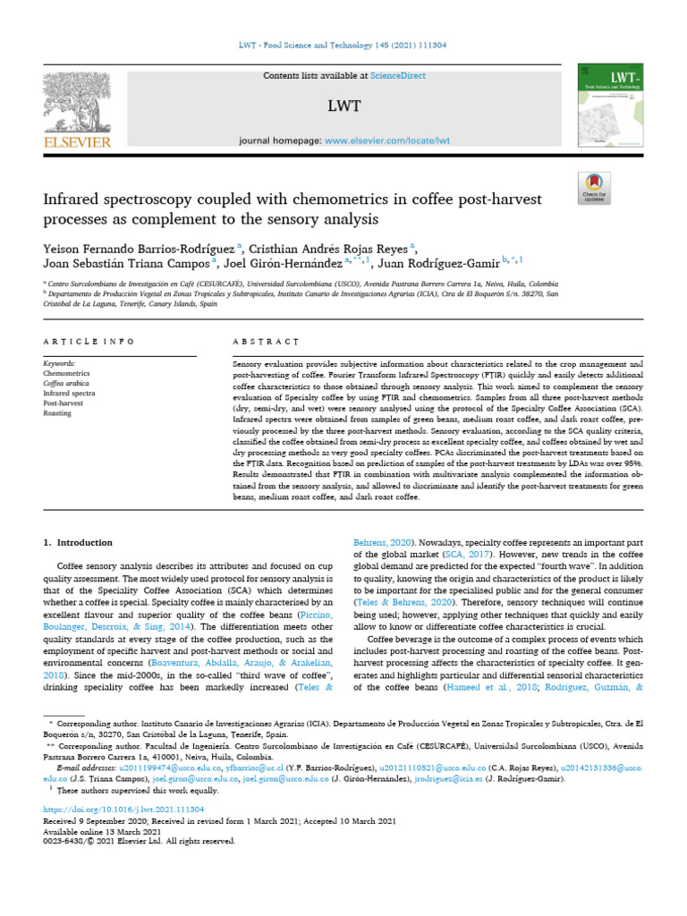 2021 - Infrared Spectroscopy Coupled With Chemometrics in Coffee Post ...