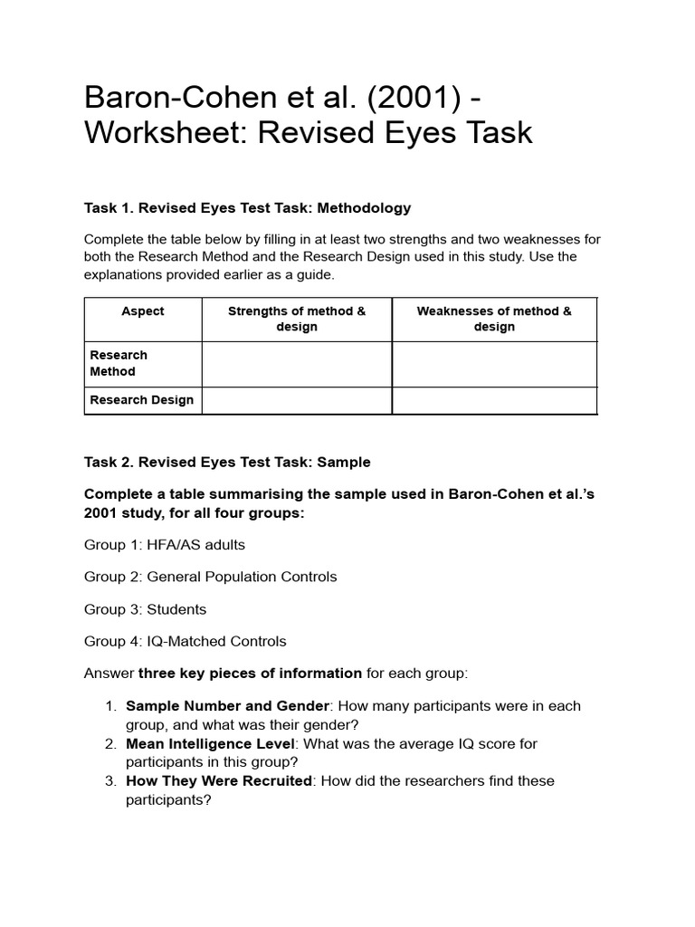 Baron-Cohen Et Al. (2001) - Worksheet - Revised Eyes Task | PDF
