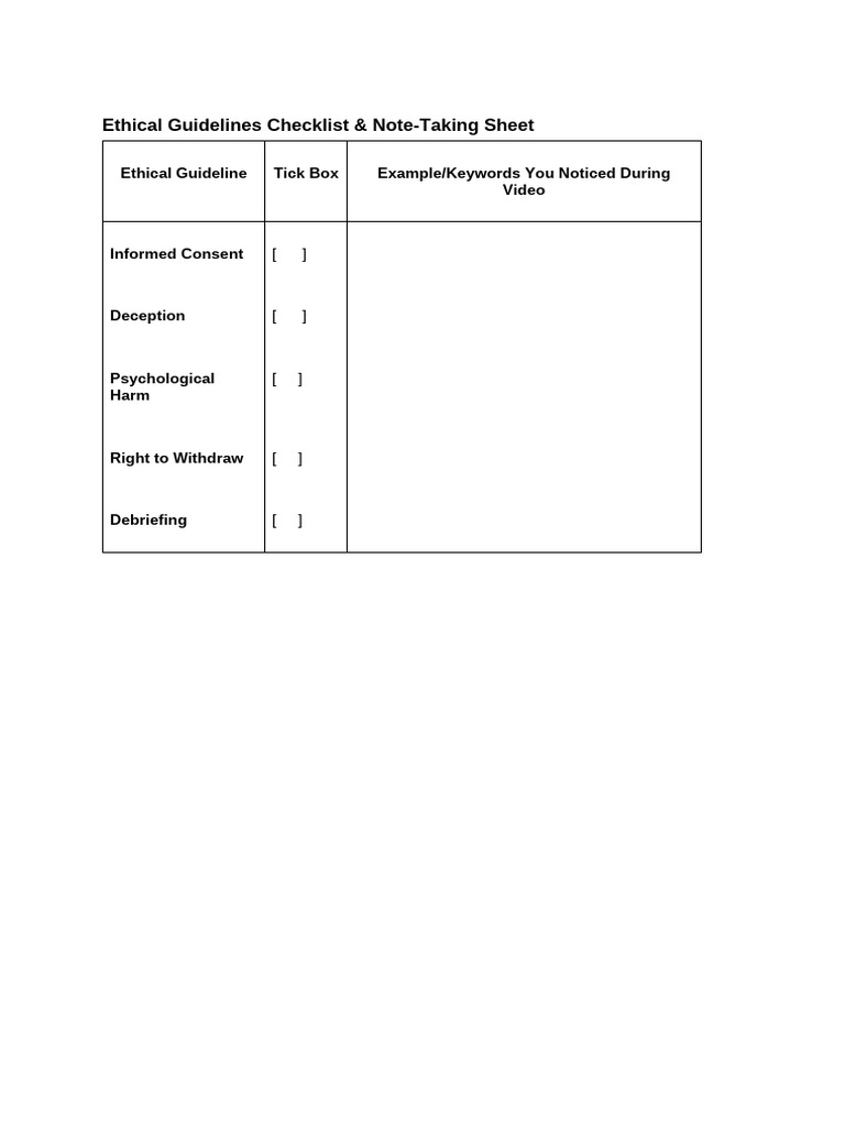 Ethical Guidelines Checklist & Note-Taking Sheet | PDF