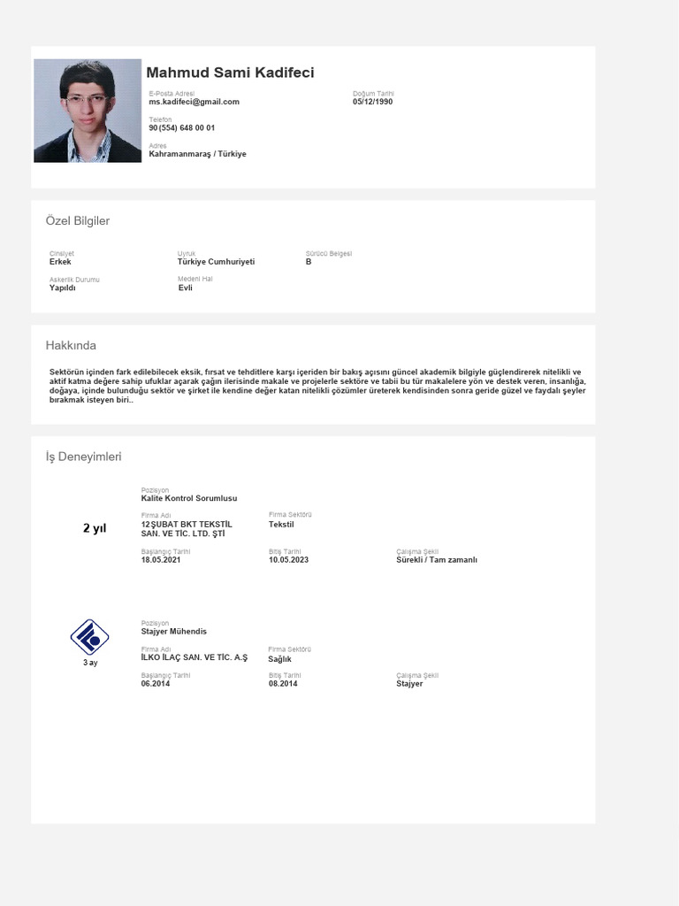 Mahmud Sami Kadifeci - Kimya Müh - Kahramanmaraş | PDF