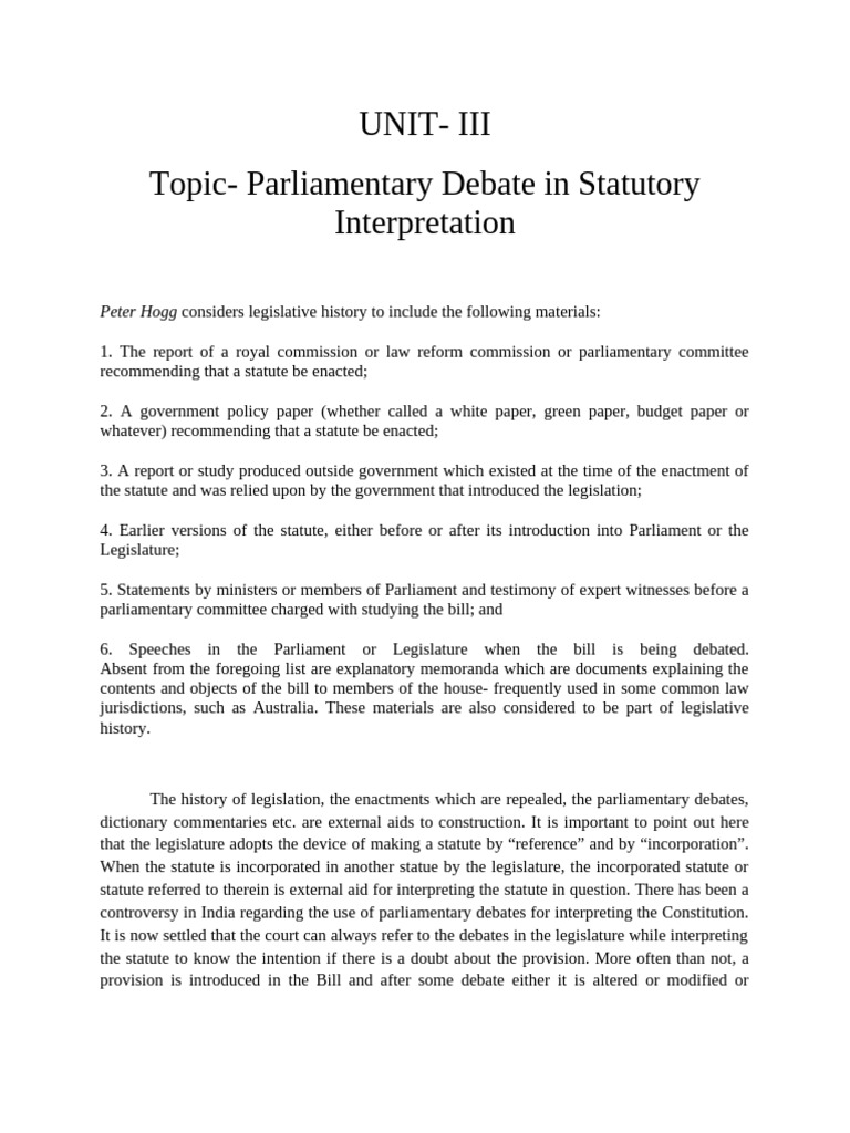 Legislative Debates As An External Aid | PDF | Bill (Law) | Statutory ...