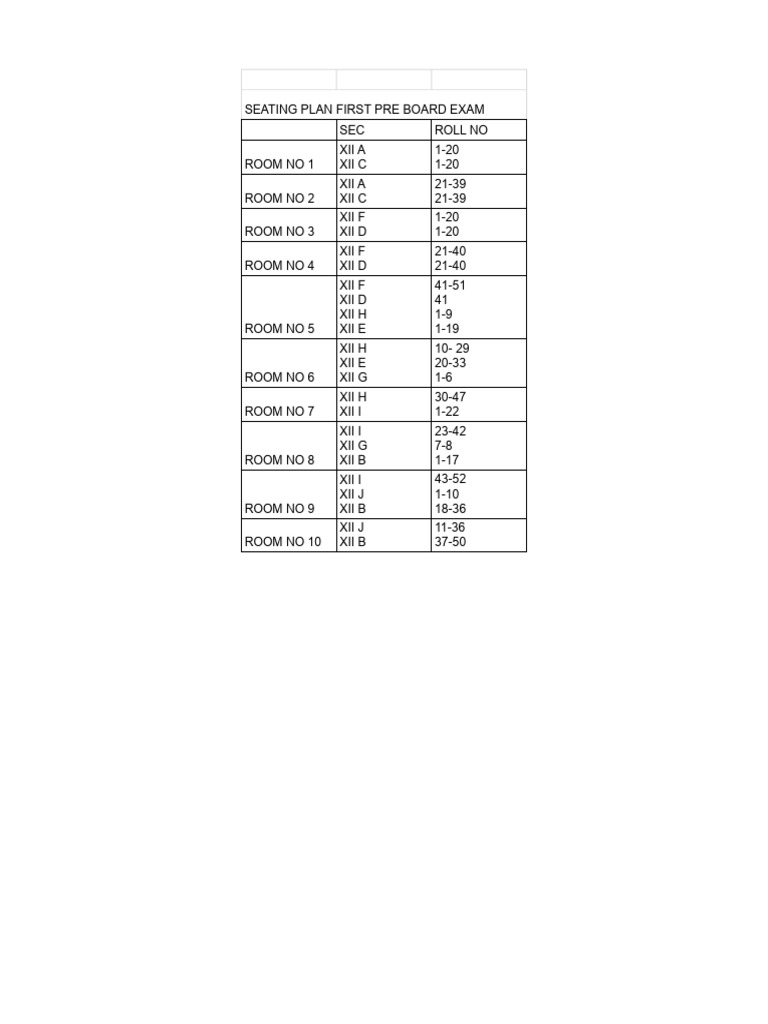 Seating Plan First Pre Board Exam - Sheet1 | PDF