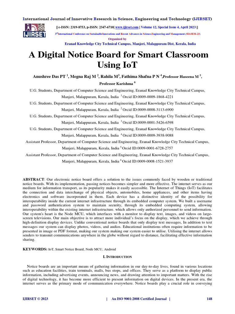 26 - IOT Based Digital Notice Board For Smart Classroom | PDF | Infrared | Wi Fi