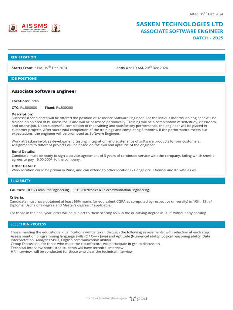Sasken 2025 Associate Engineer Hiring | PDF | Academic Degree | Engineer